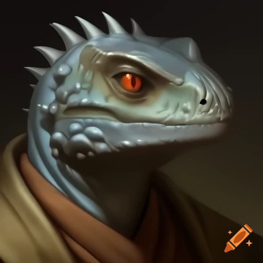 Lizardman character with gray skin and orange-red eyes in desert attire ...