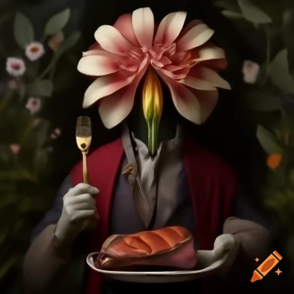 Surreal humanoid flower with grilled steak face in dreamy Italian ...