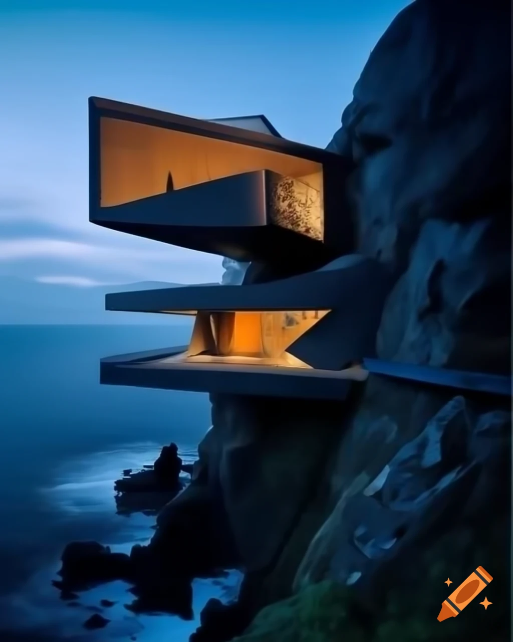 Modern cantilevered architectural building over ocean at dusk on Craiyon