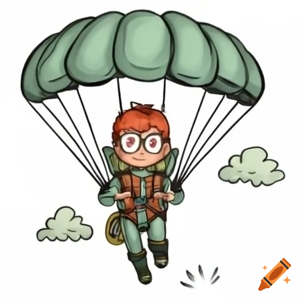 Comic-style illustration of skydiver in San Fermin parachute on Craiyon