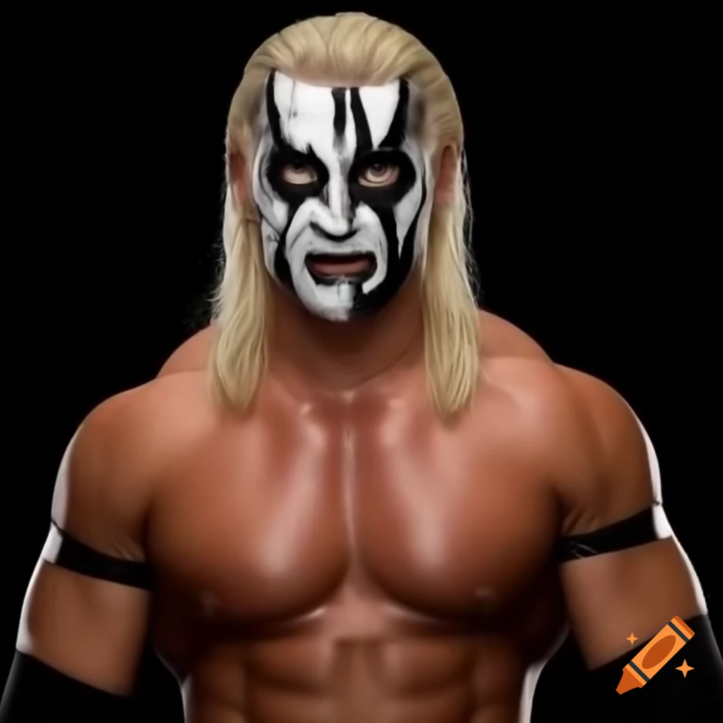 Muscular male wrestler with black face paint, intense stare, upper ...