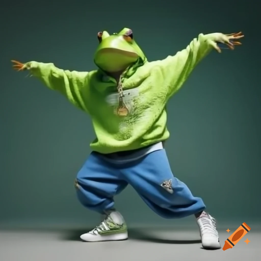 Cheerful frog in urban clothes performing hip-hop dance on Craiyon