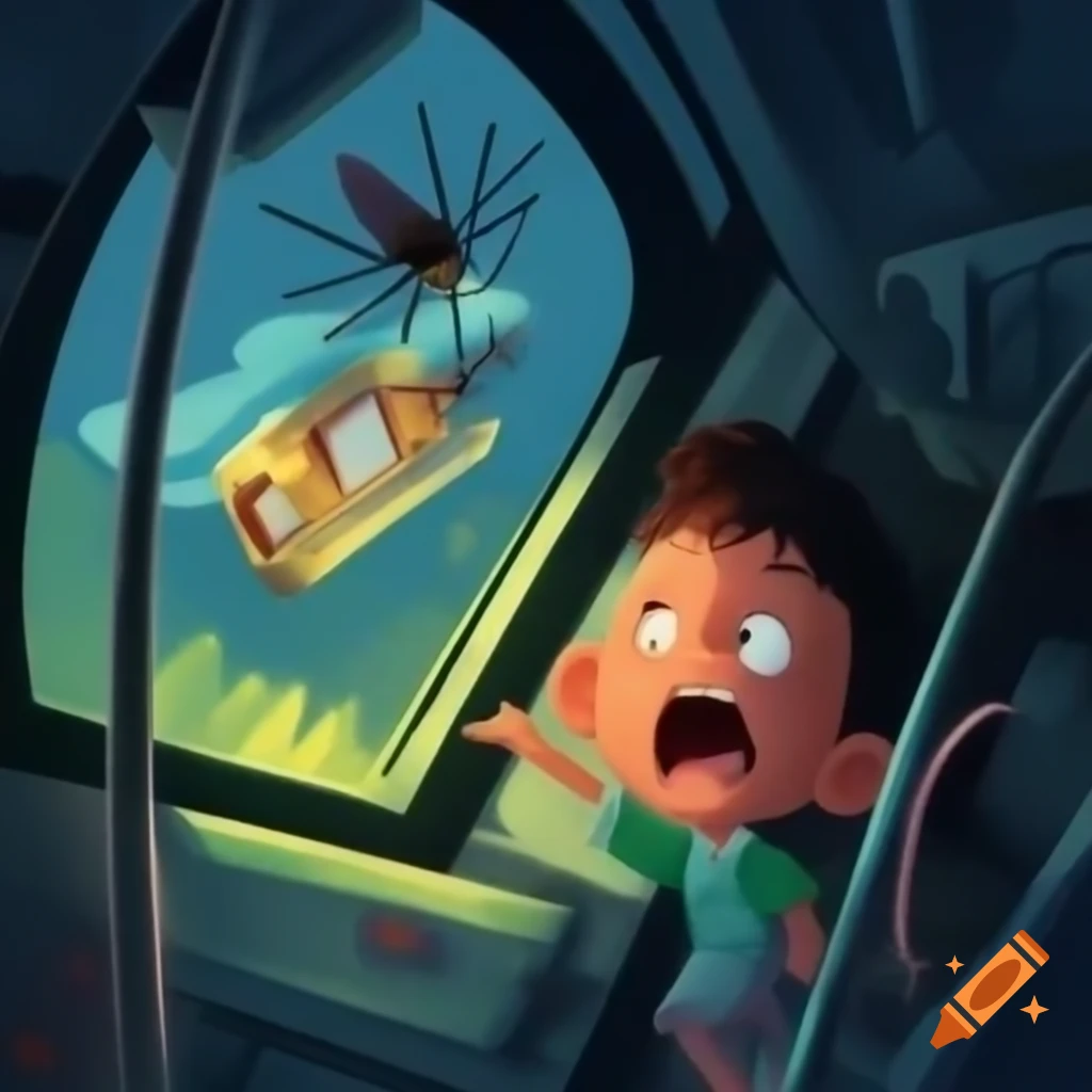 Child looking out of flying bus window in fear of giant mosquito on Craiyon