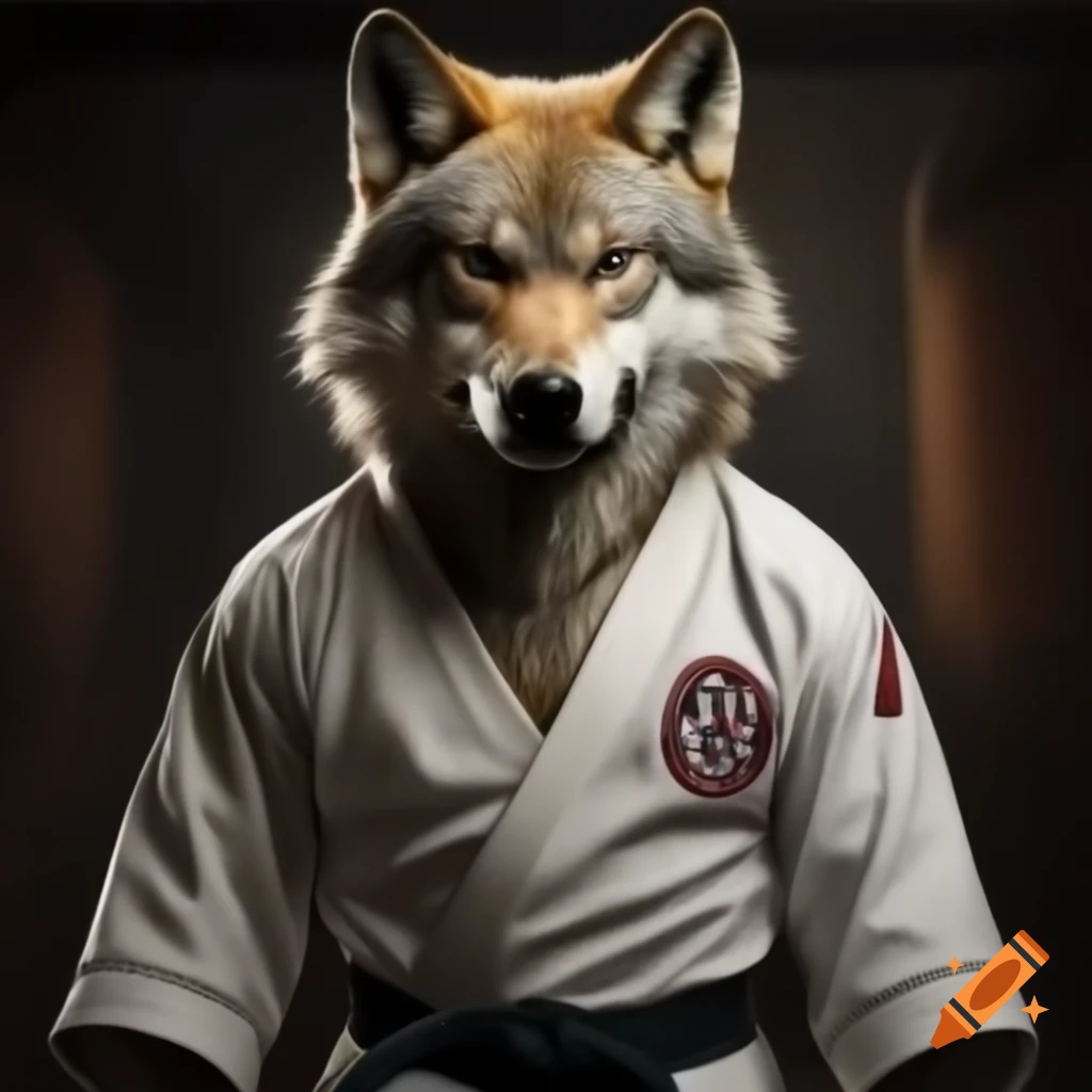 Humanoid wolf in karate outfit, stylized illustration on Craiyon