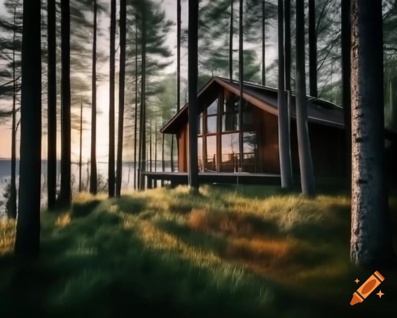 Rustic cabin among pines with sunlight and shimmering lake on Craiyon