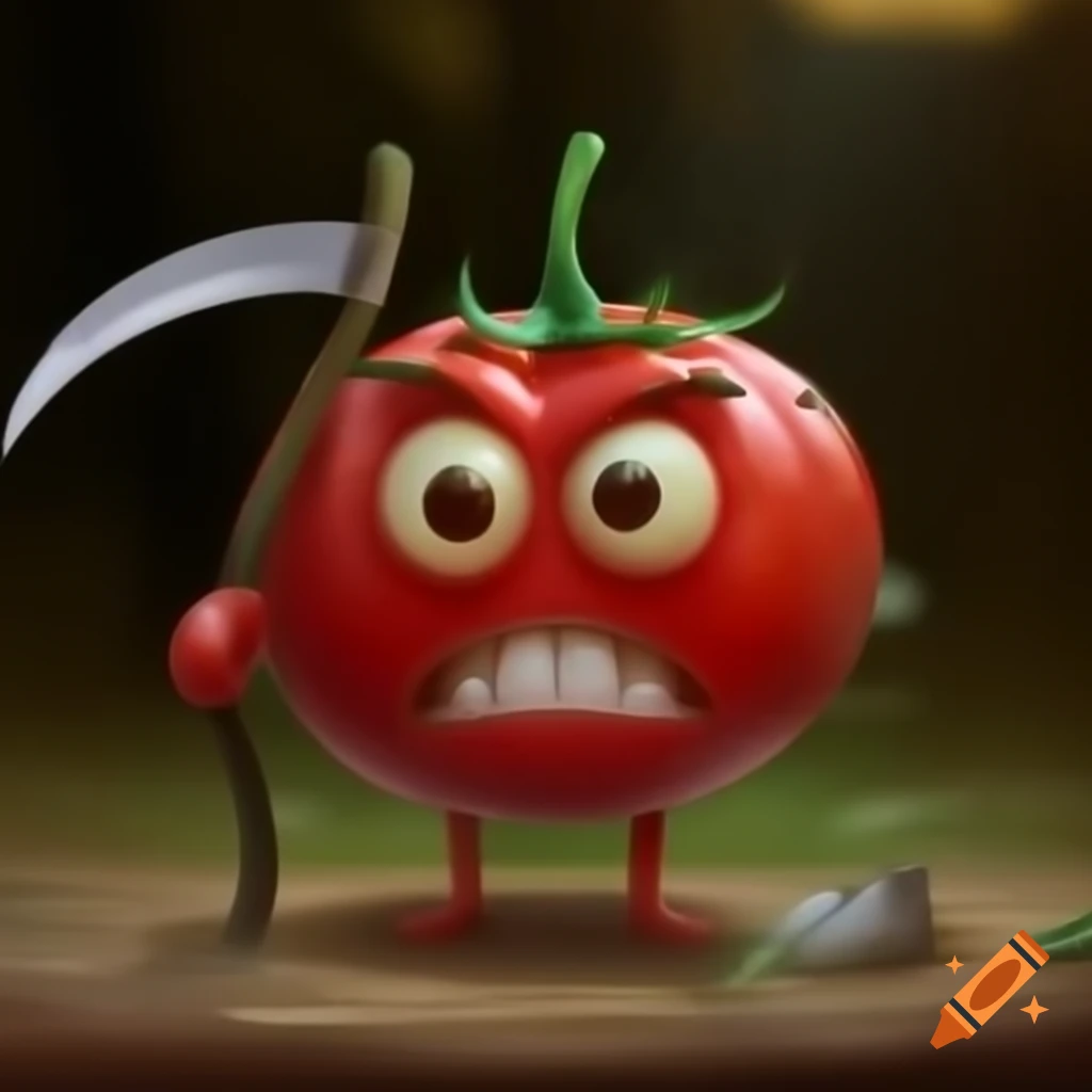 Cute anthropomorphic tomato queen with big eyes and a scythe on Craiyon