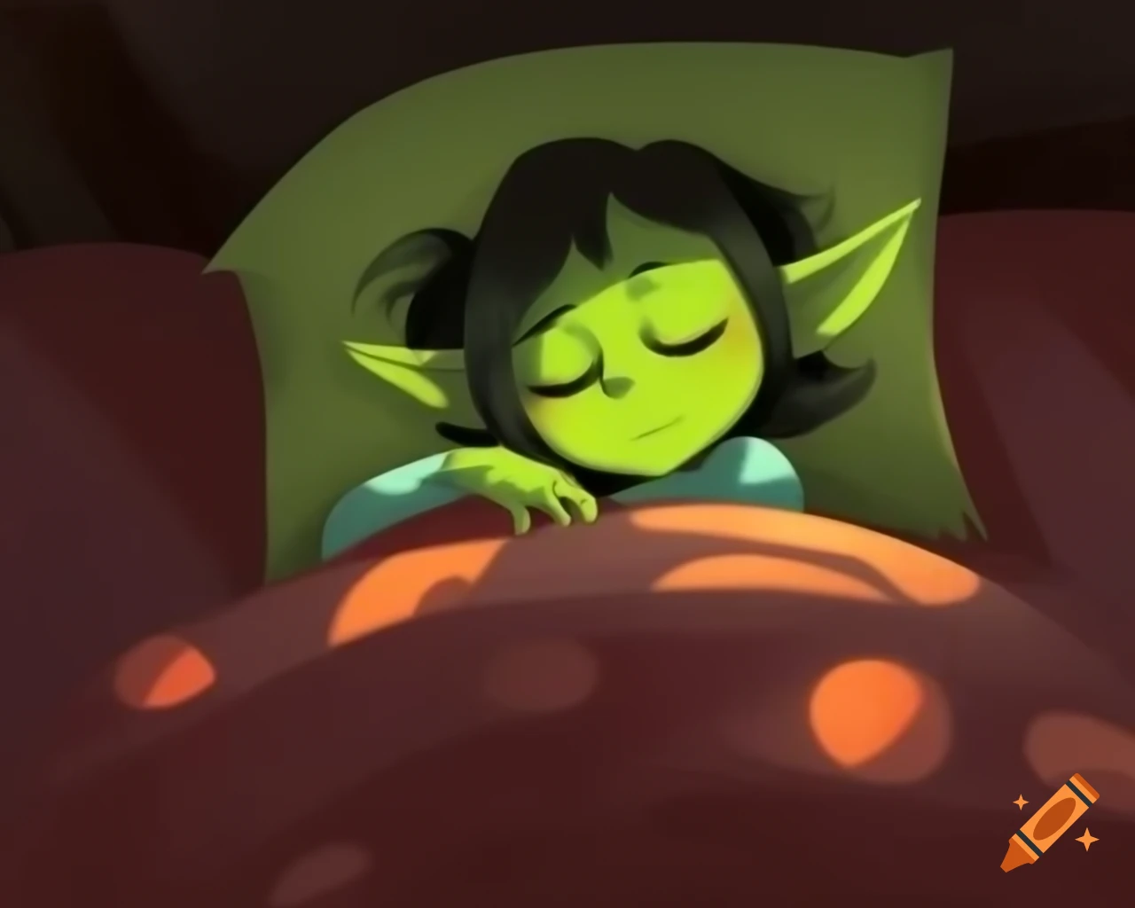 Peaceful green-skinned goblin girl in pajamas lying in bed with ...