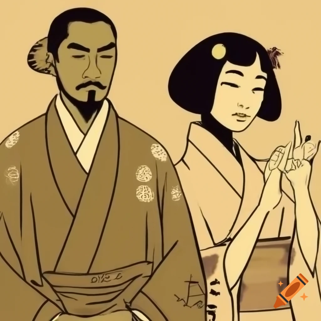 Japanese style drawing of a man and woman in sepia tones on Craiyon