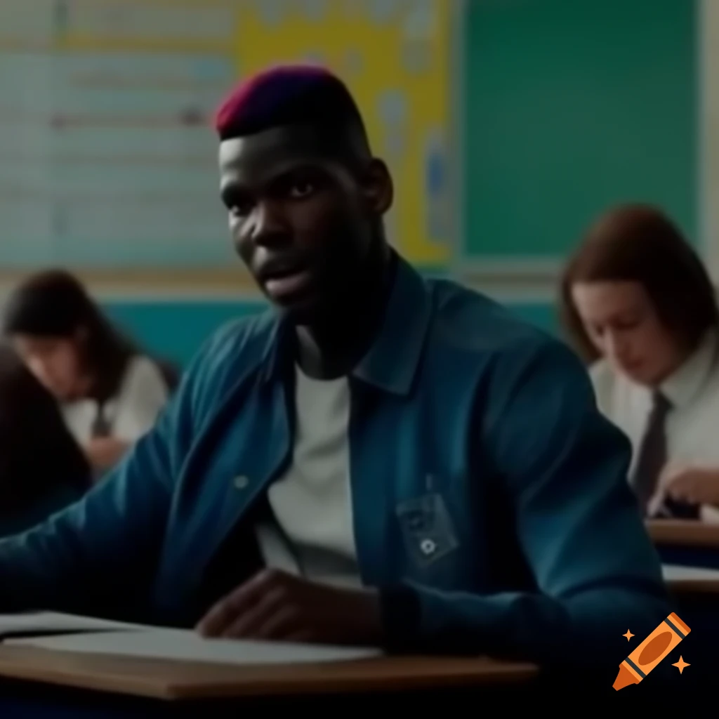 Paul Pogba humorously sitting in a classroom setting on Craiyon