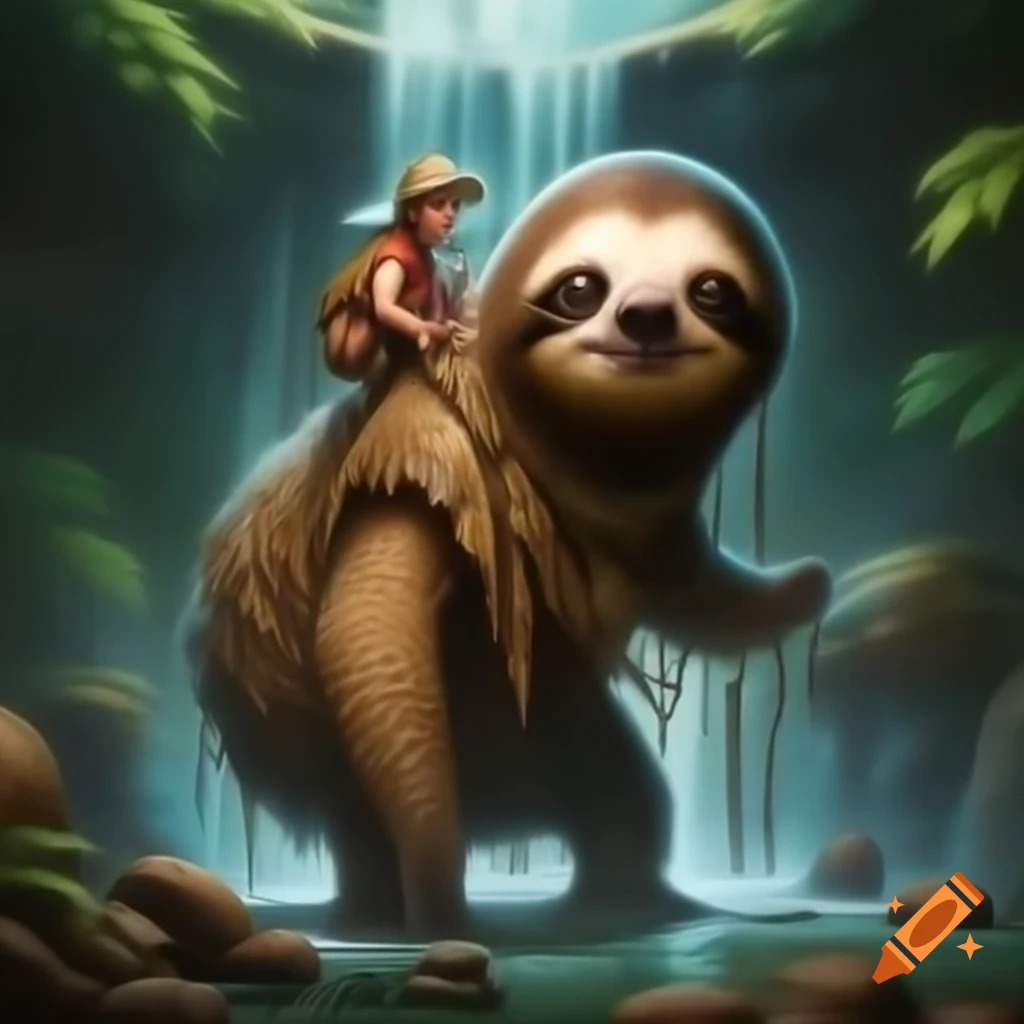 Claymation scene of musician riding giant sloth to waterfall with ...