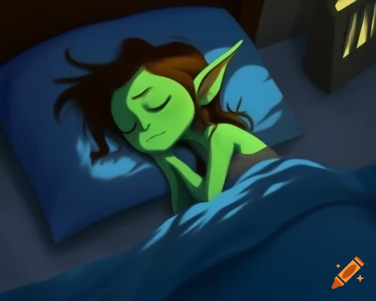 Peaceful green-skinned goblin girl in pajamas lying in bed with ...