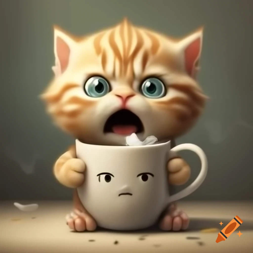 Angry disheveled baby kitten clinging to large steaming mug, cartoon ...