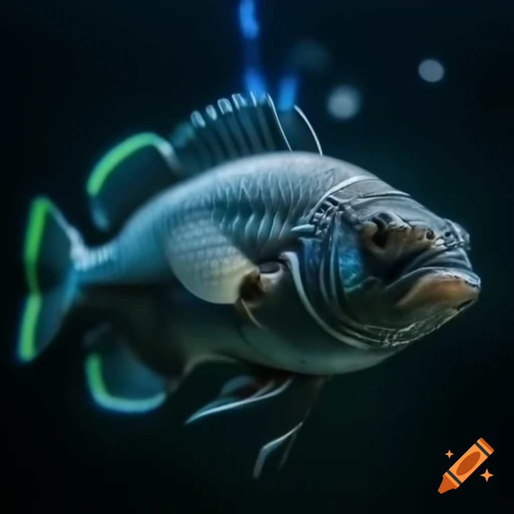 Reanimated fish with fins taped, illuminated by neon blue light on Craiyon