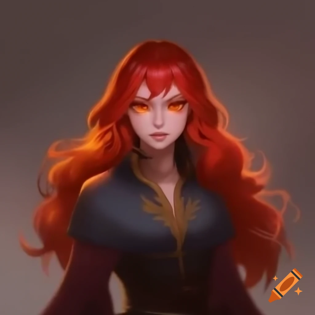 Young female character with red hair and orange eyes in noble attire on ...