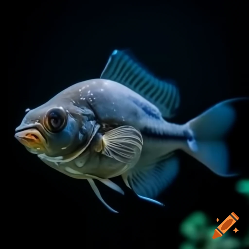 Reanimated fish with fins taped, illuminated by neon blue light on Craiyon