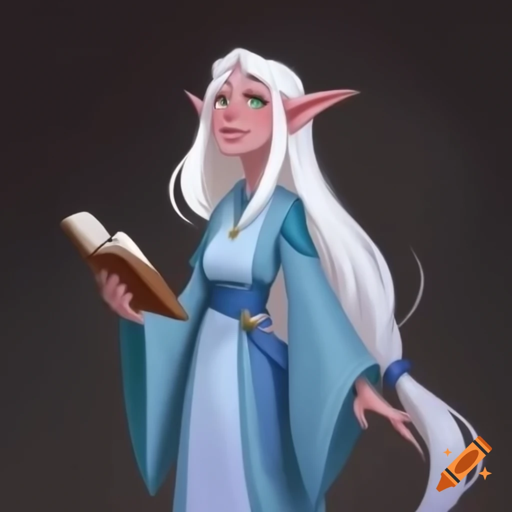 Female elf wizard in blue robe with white hair and purple eyes holding ...