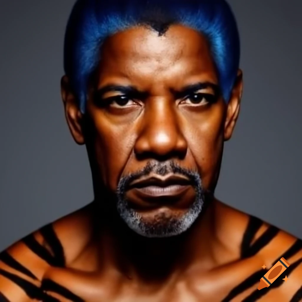 Muscular man with tiger makeup featuring blue hair and orange skin with ...
