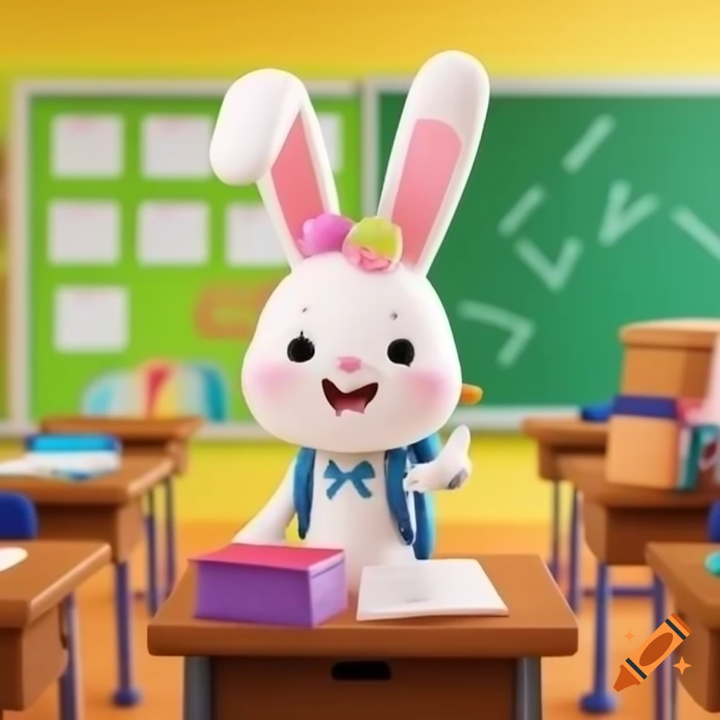 Cheerful bunny student entering classroom with colorful charm backpack ...