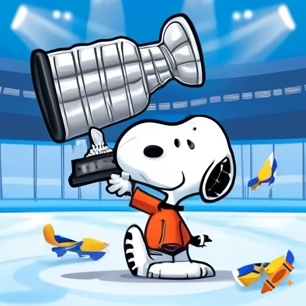 Cartoon Snoopy celebrating with Stanley Cup on ice rink on Craiyon