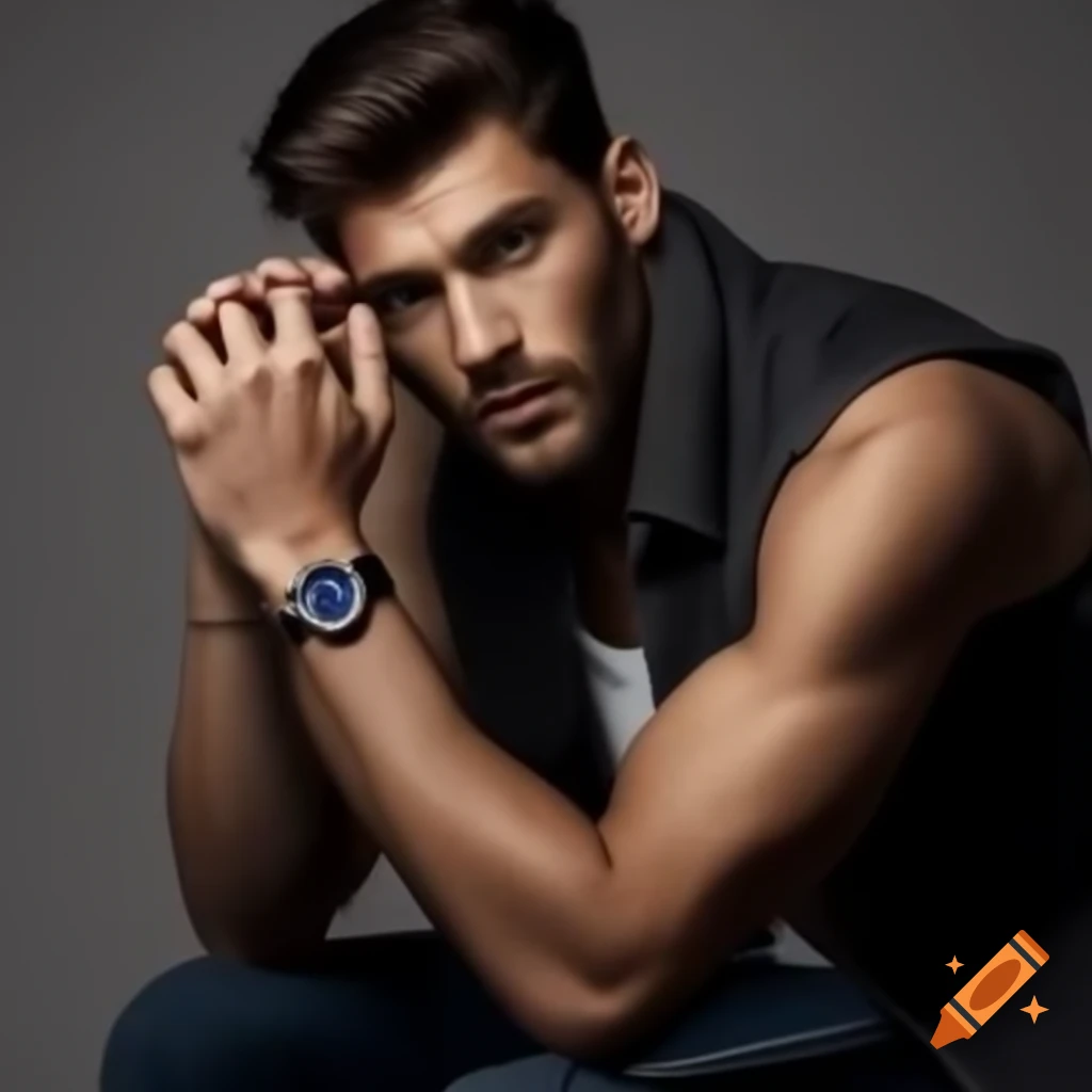 Elegant male model showcasing luxurious watch in casual attire on Craiyon