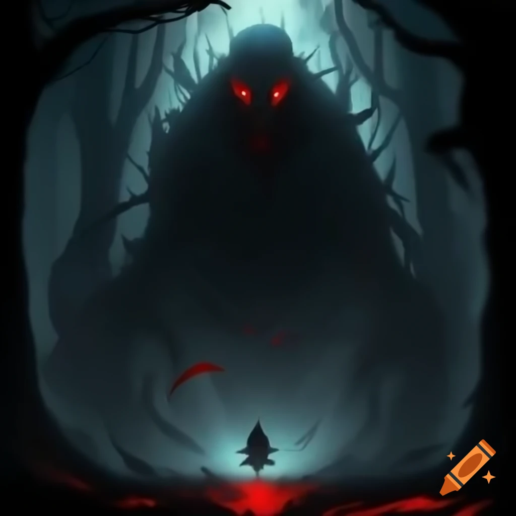 Anime-style dark scene with monstrous figure in foggy forest and ...