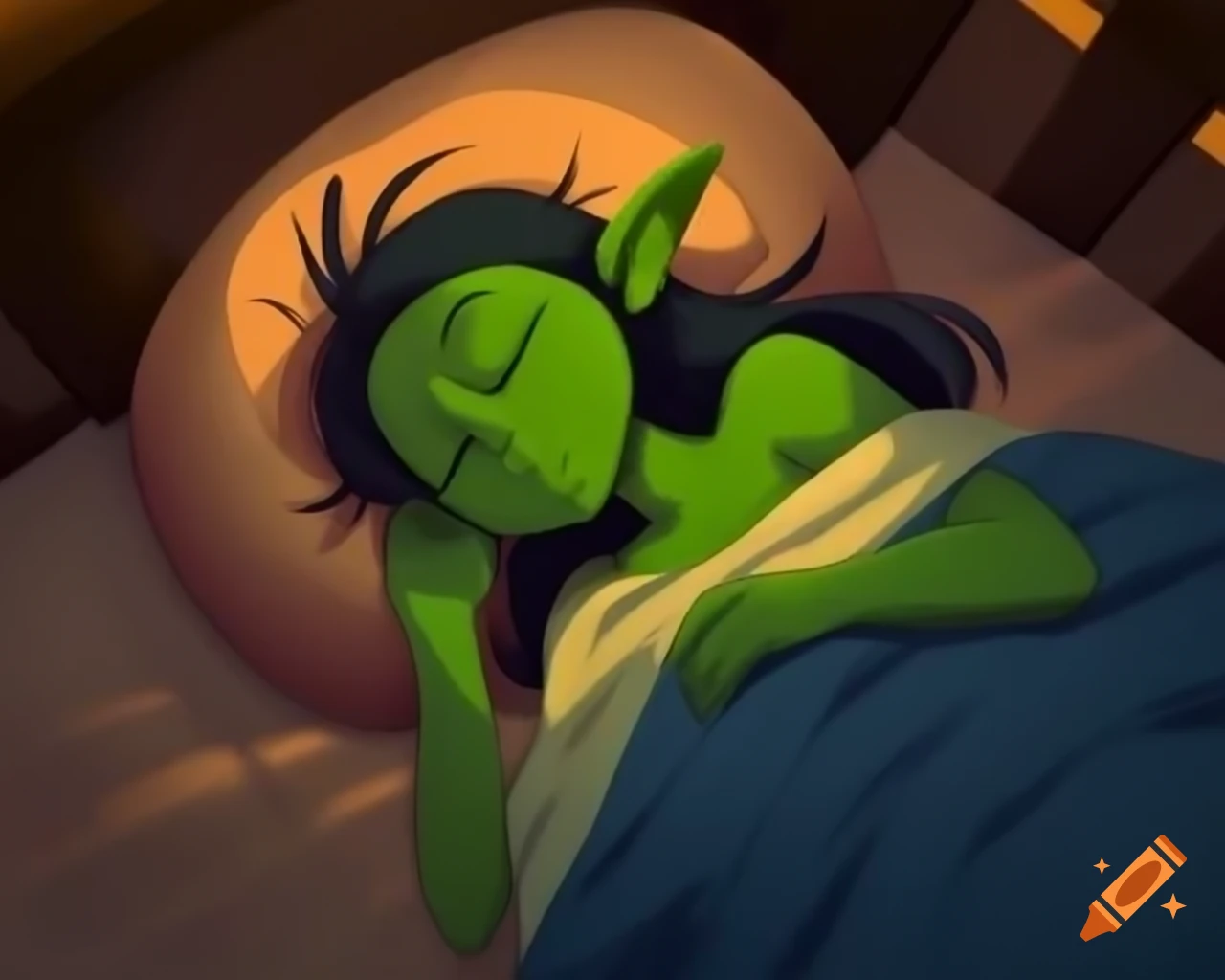 Peaceful green-skinned goblin girl in pajamas lying in bed with ...