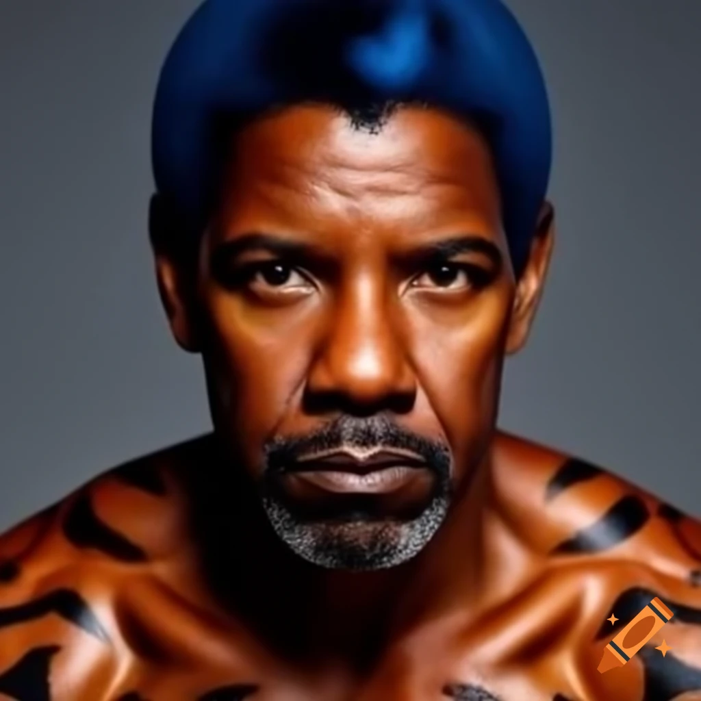 Muscular man resembling Denzel Washington with tiger-style makeup and vibrant colors on Craiyon