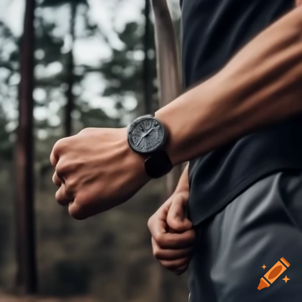 Gym fit man in nature wearing a premium watch during outdoor activities ...