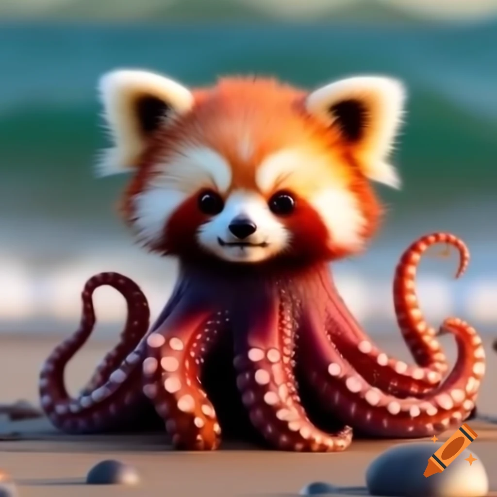 Adorable red panda with octopus body on beach on Craiyon