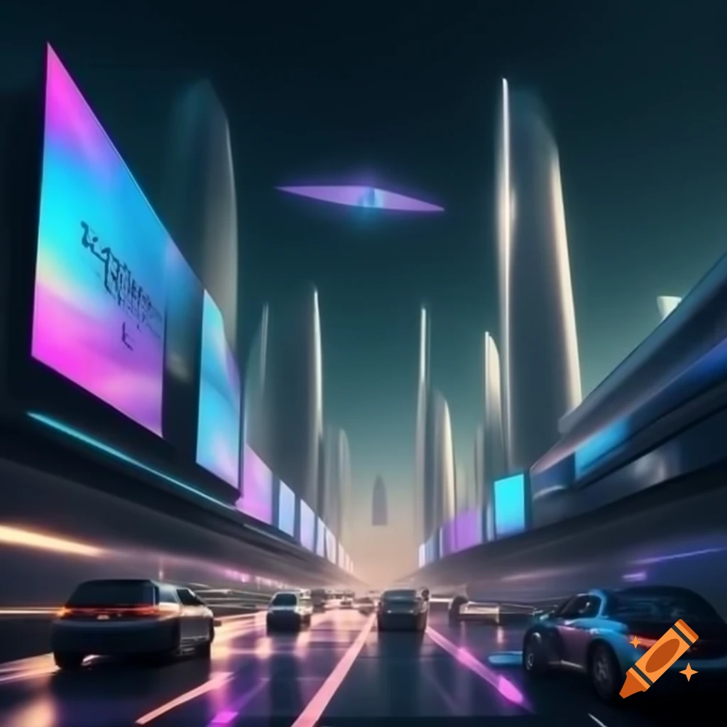 Futuristic city skyline with holographic ads and flying cars on Craiyon