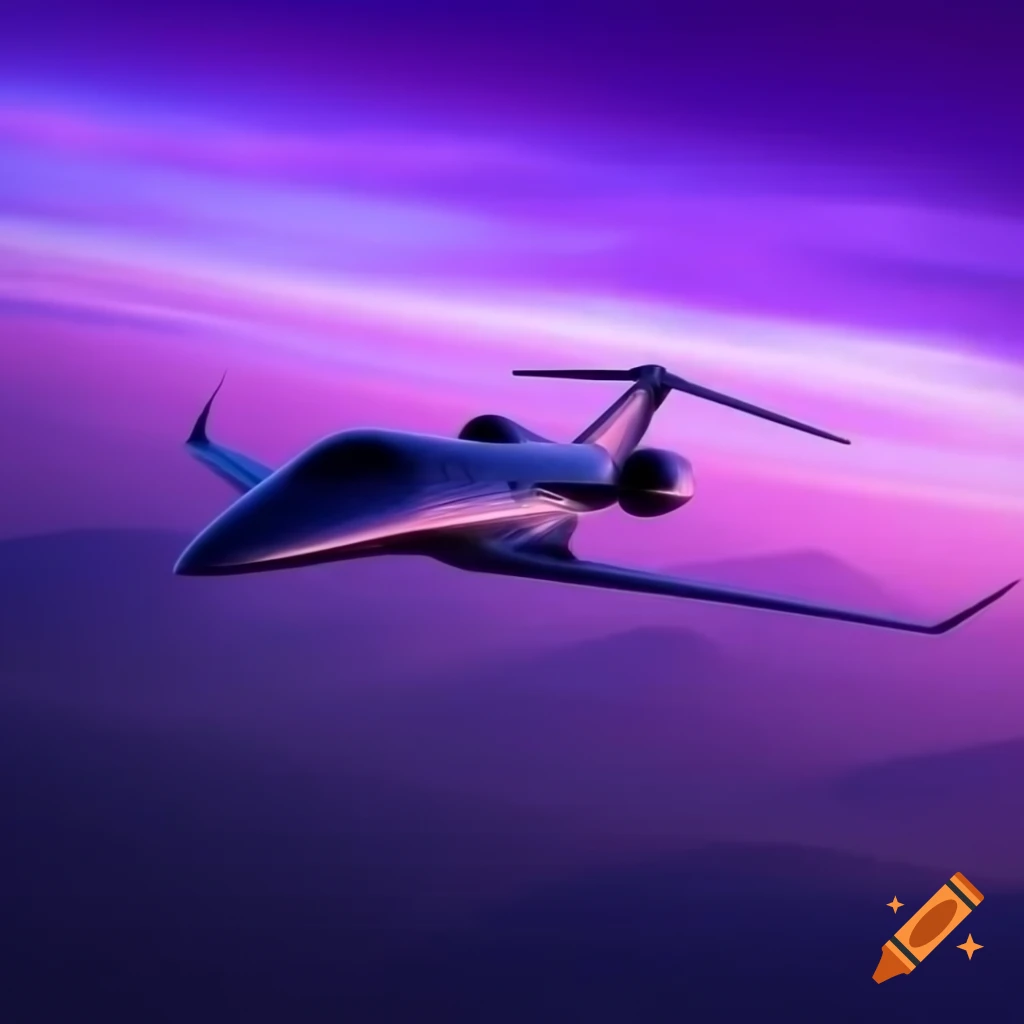 Futuristic private jet in cyberpunk style under purple sky with ...