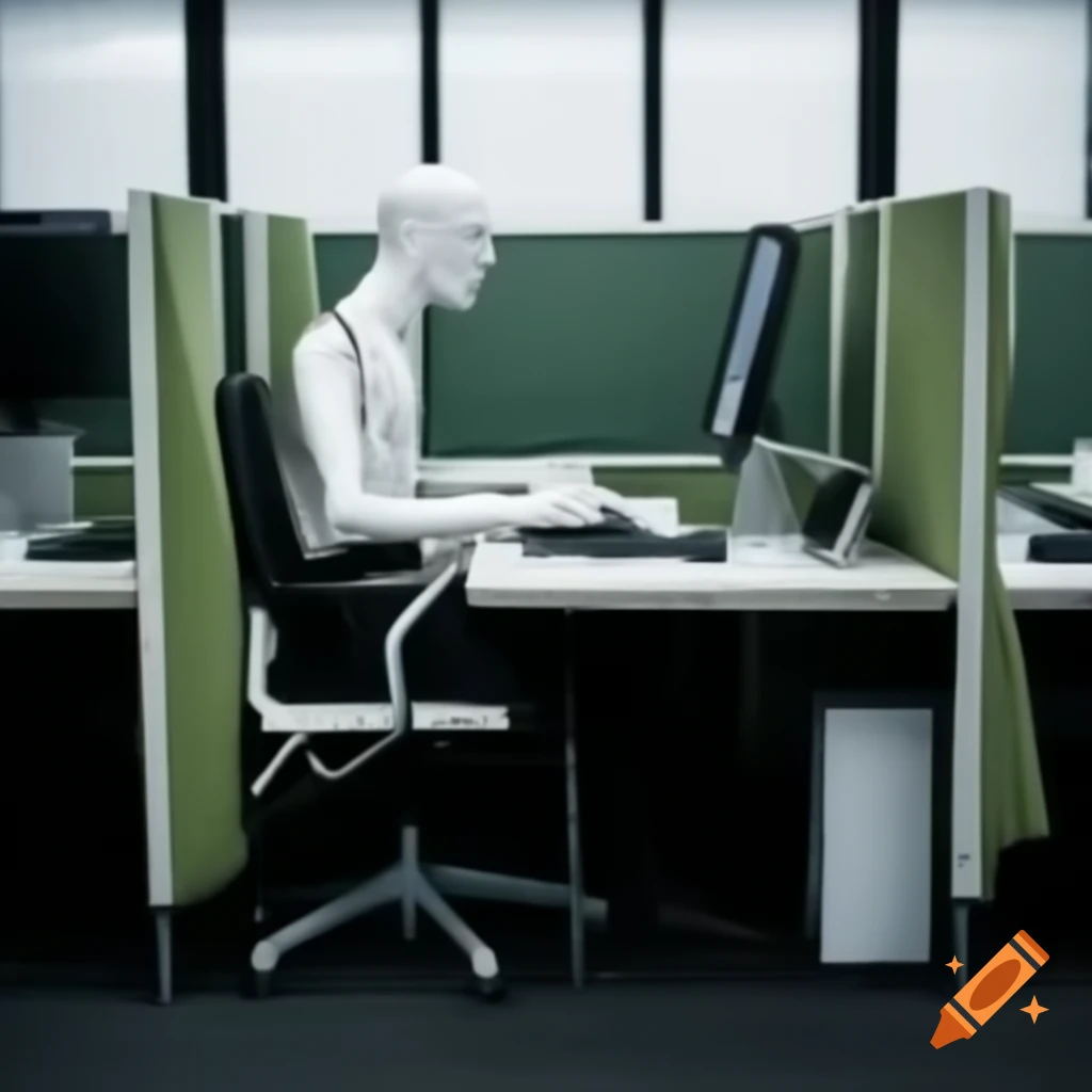 Mannequin working in office cubicle, typing on desktop computer on Craiyon
