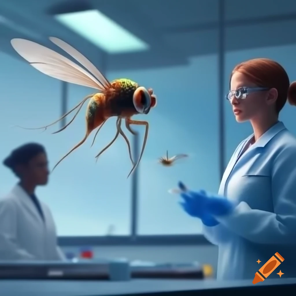 Scientist chasing flies in laboratory with fly swatter on Craiyon