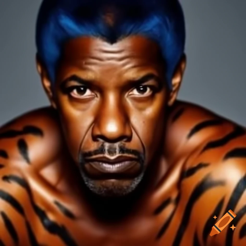 Muscular man with tiger-style makeup featuring blue hair, orange skin ...