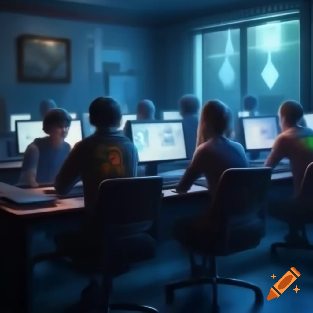 Students in computer class learning about AI with projectors, anime ...
