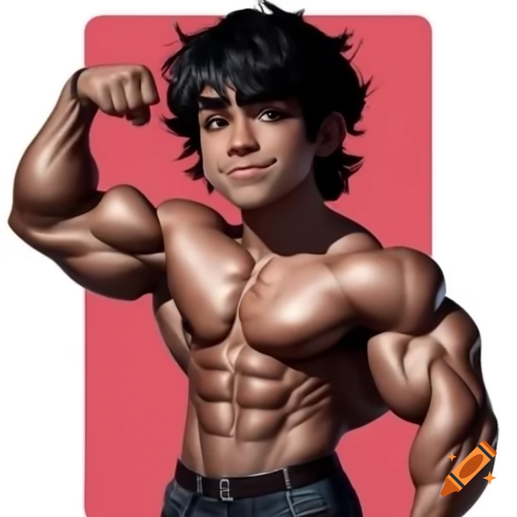TCG style card featuring a young bodybuilder with black hair on Craiyon