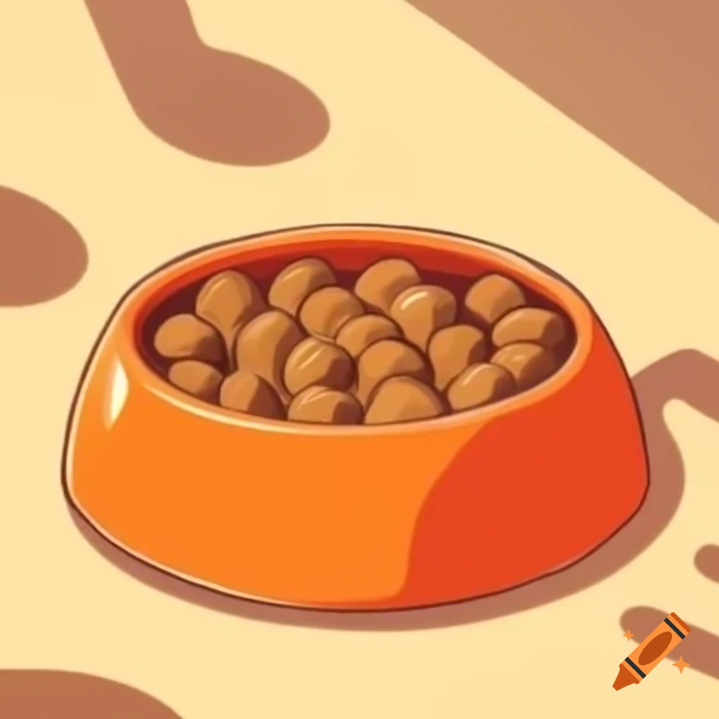 Round orange dog food bowl filled with dry kibble pieces on clean ...