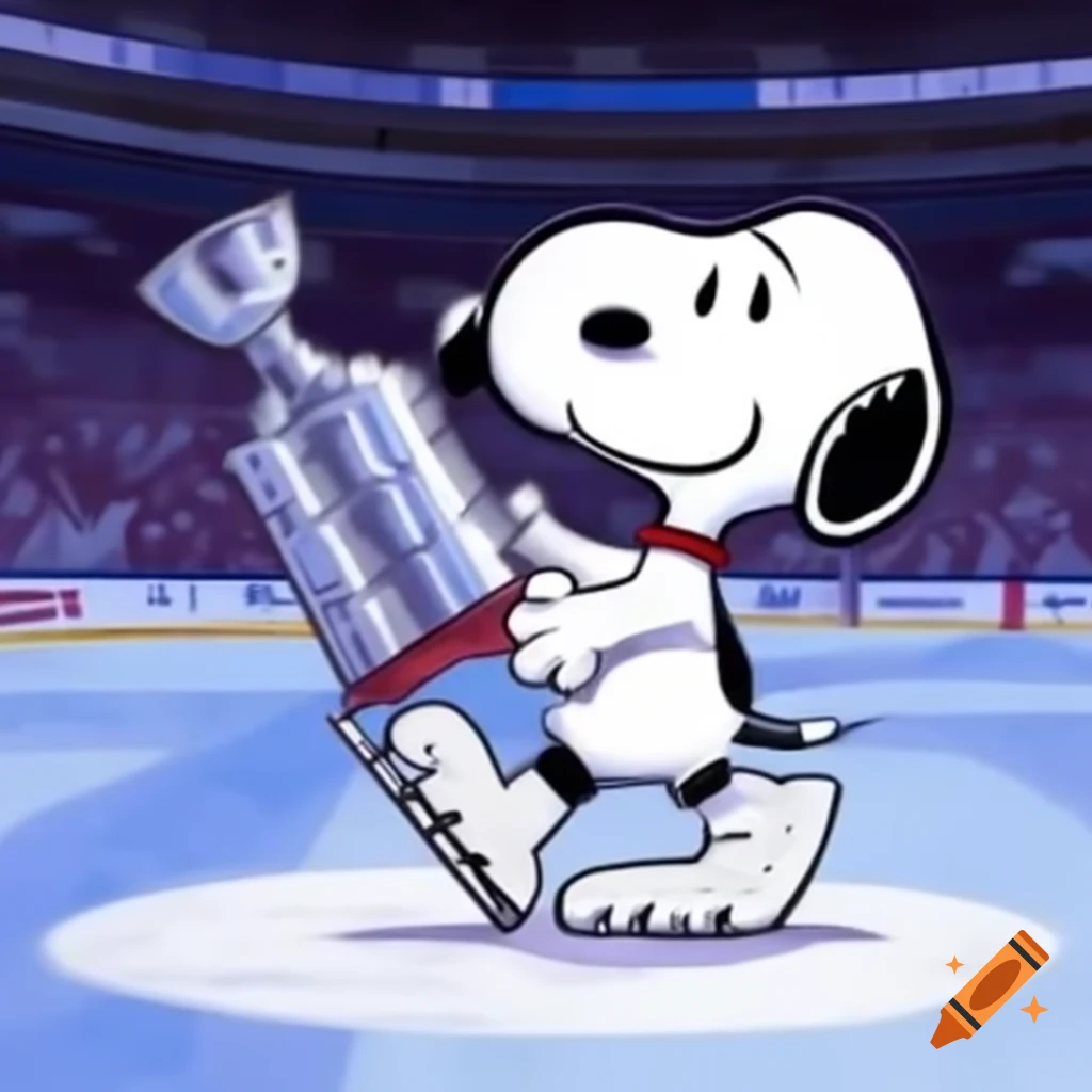 Cartoon Snoopy celebrating victory on ice rink with Stanley Cup on Craiyon