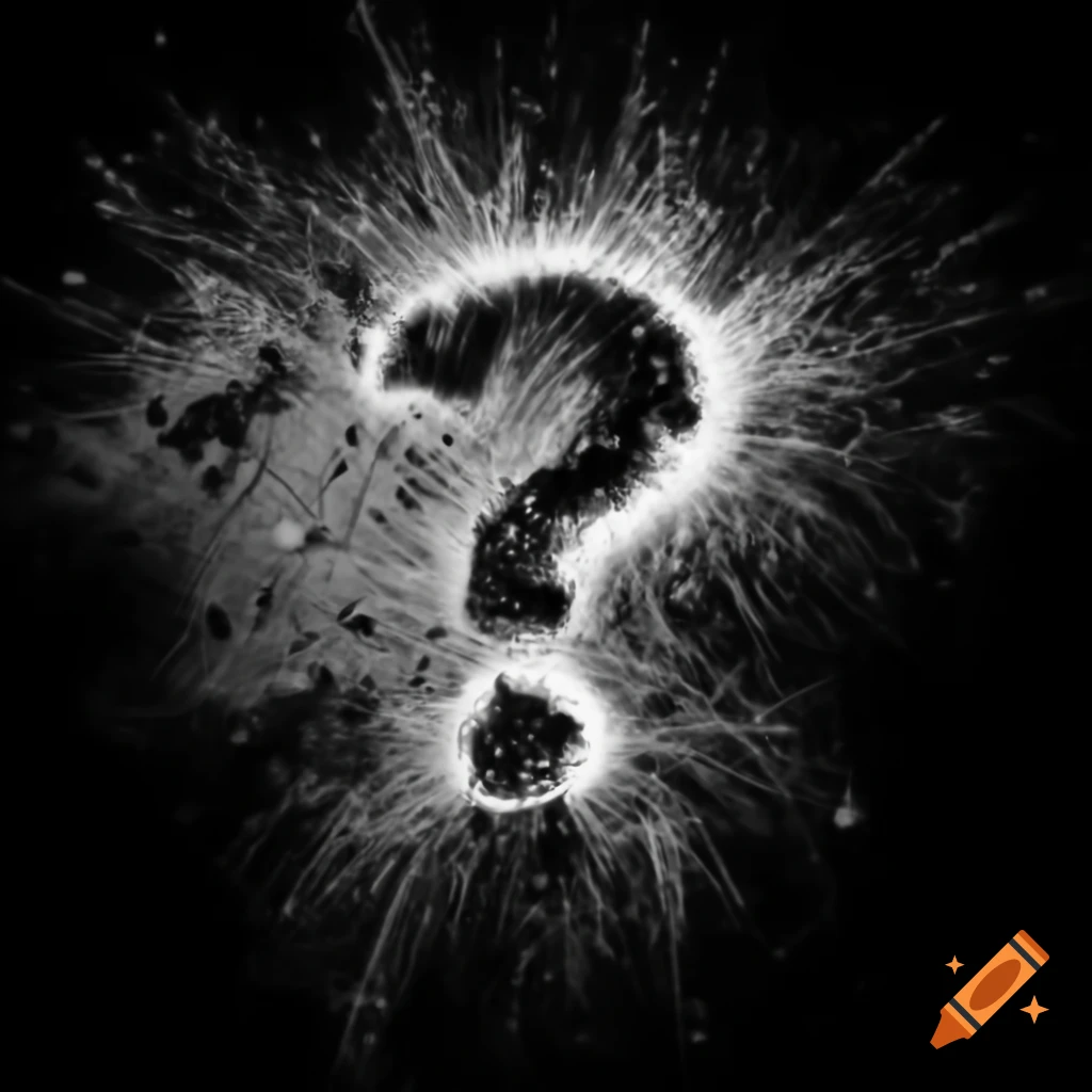 Corrupted white question mark emitting particles in a gray and white ...