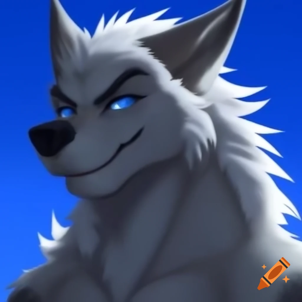 Fursona wolf with silver spiky fur and blue eyes on Craiyon