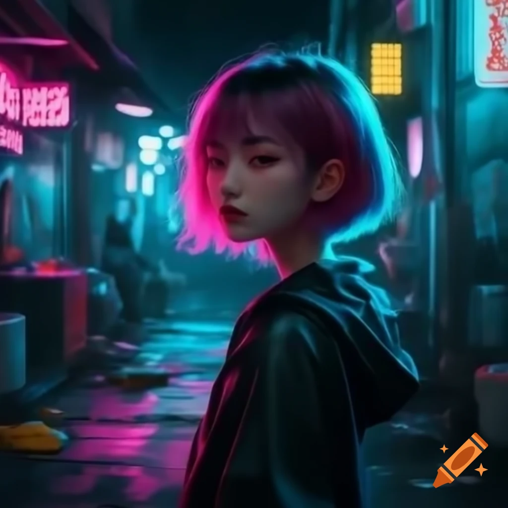 Cyberpunk scene with neon lights and Asian girl with short pink hair at fashion showcase on Craiyon