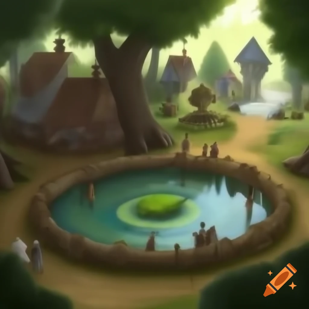Prosperous village with magical circular pond, houses, and people near ...
