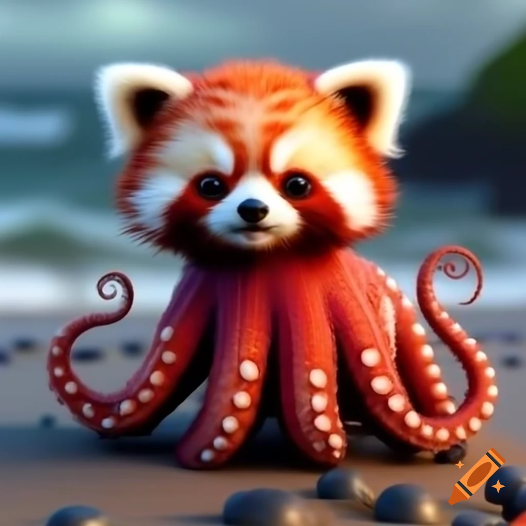 Adorable red panda with octopus body on beach on Craiyon