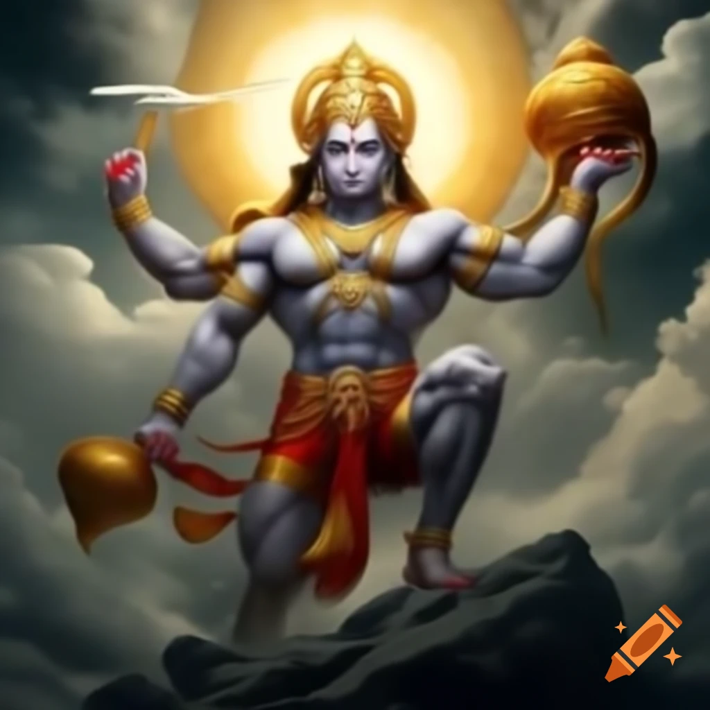 Lord Hanuman depicted with muscular body, golden skin, holding mace and ...