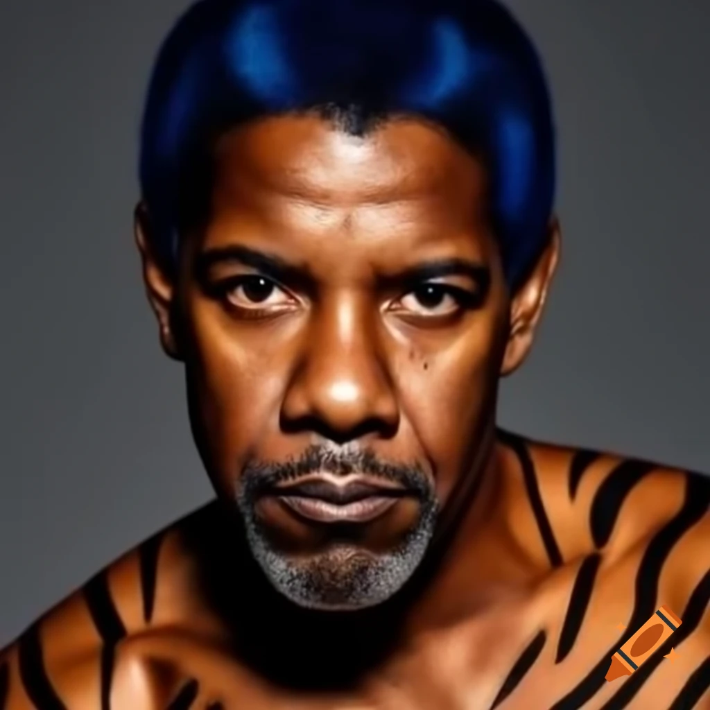 Muscular person with tiger-style makeup featuring blue hair and orange ...