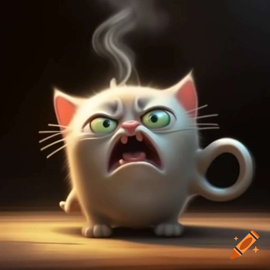 Angry disheveled baby kitten clinging to a steaming mug, cartoon style ...