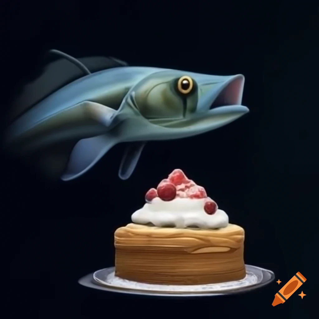 Fish with realistic eye floating in space near a cake on Craiyon