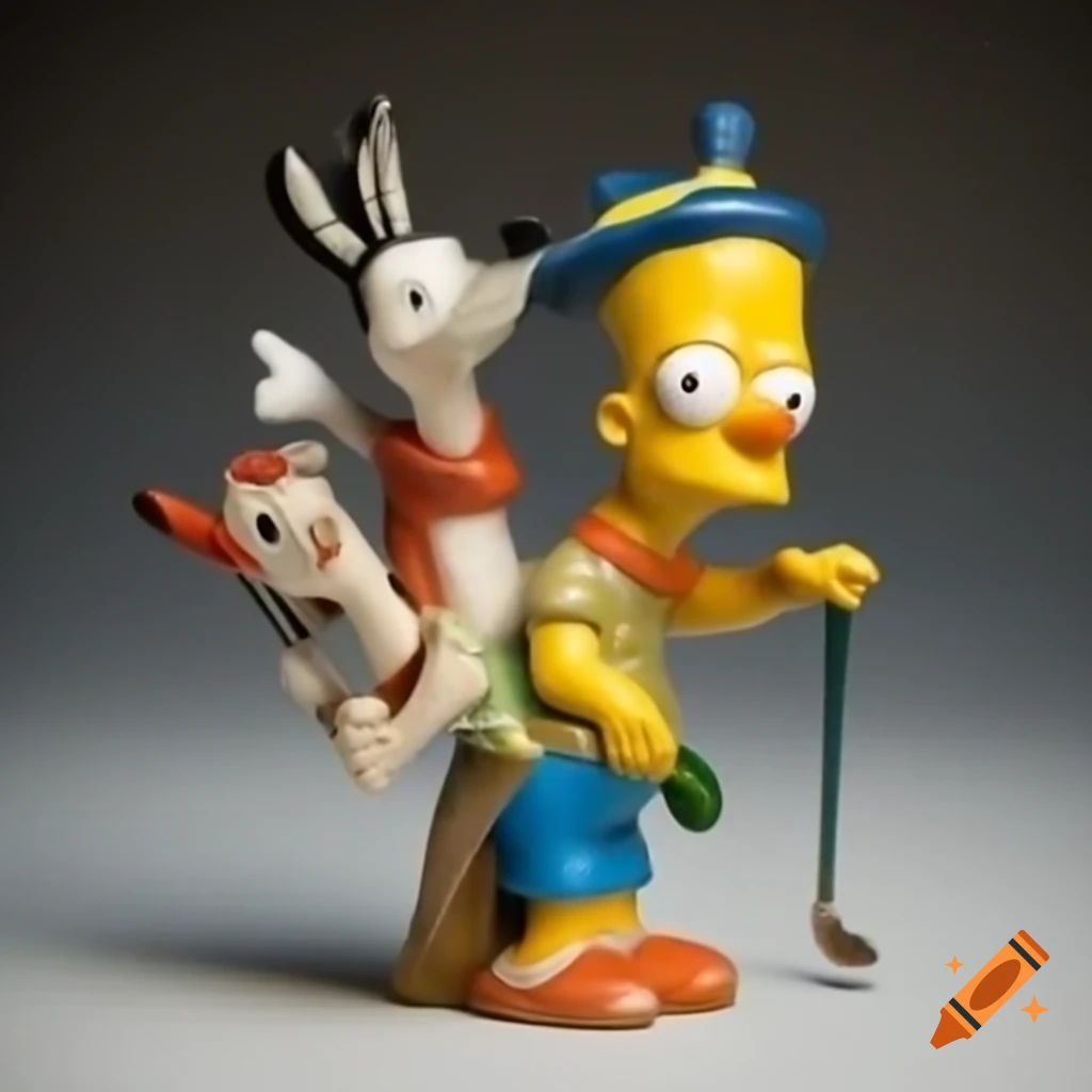 Whimsical ceramic figure combining Bart, Goofy, Bert, and Ernie playing golf on Craiyon