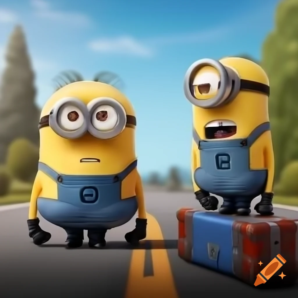 Minion traveling along empty road with suitcase, digital illustration ...