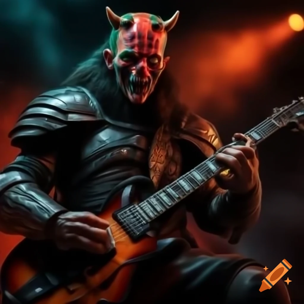Darth Maul and Doom Slayer playing electric guitar on stage in hell on ...